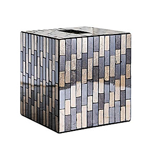 WHOLE HOUSEWARES | Mosaic Glass Tissue Holder | Tissues Cube Box Holder | Decorative Tissue Cover | Bathroom Accessory | Square Box Glass Tissue Case (Black and Gold)