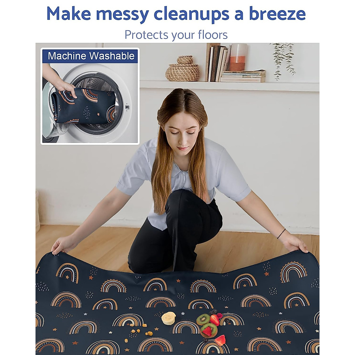 Blissful Diary Baby Splat Mat for Under High Chair, 51 x 51 Inch Splash Mat, Waterproof and Washable Spill Mat, Anti-Slip Floor Protector, Retro Rainbow