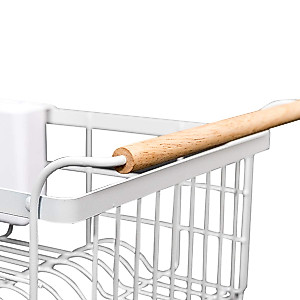 BRIAN & DANY Kitchen Dish Drainer, Large Drying Rack with Full-Mesh Storage Basket, Wooden Handle, Removable Plastic Cutlery Tray, 18.8" x 11.6" x 7.6"