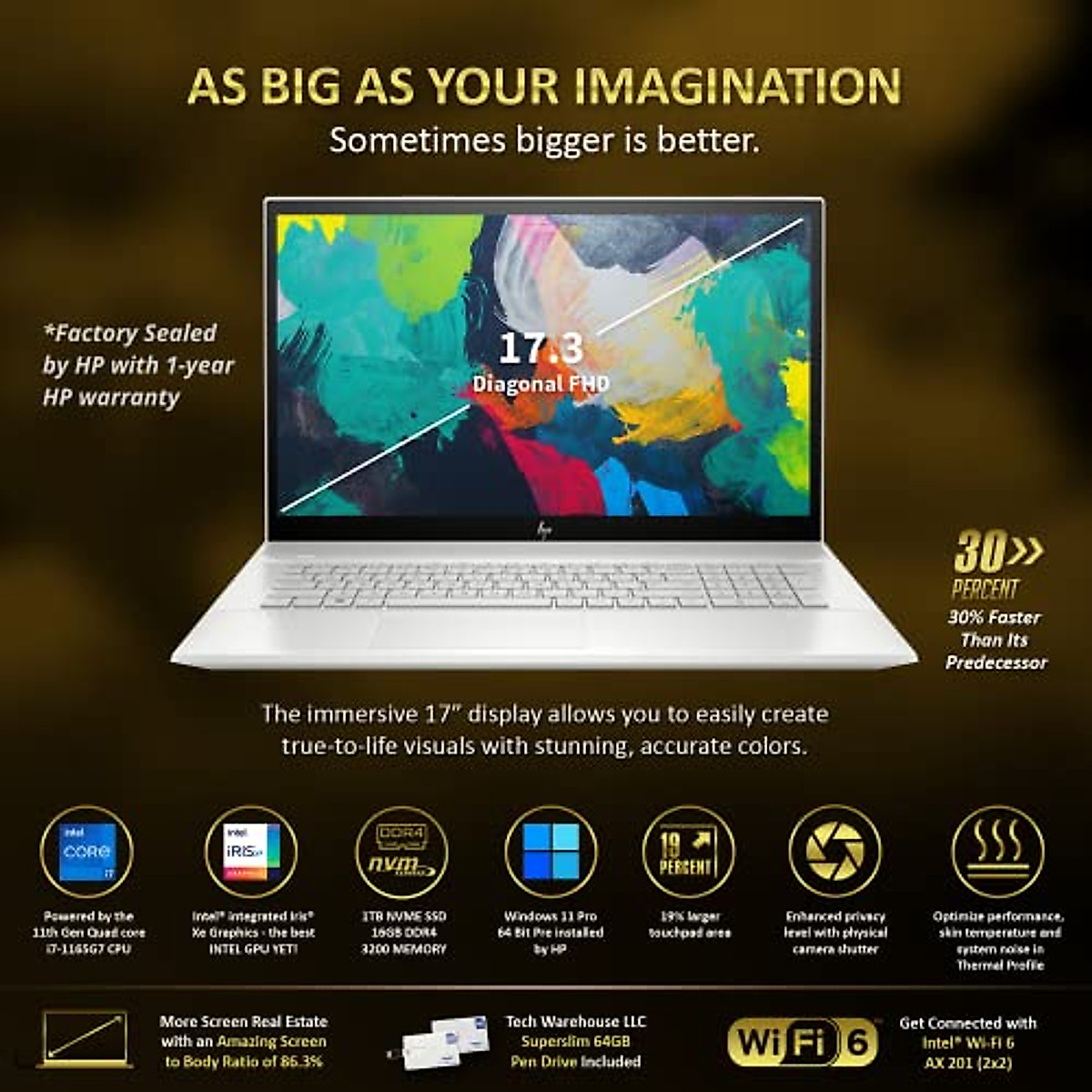 HP Envy 17T 2021,i7-1165G7 11th Gen Quad Core,16GB RAM,1 TB NVMe SSD, 17.3" FHD 1080p Touch,Thunderbolt 4,Win 11 PRO,WiFi 6,B&O Speakers,USB-A,Intel Xe Graphics,4 Cell, 64GB Tech Warehouse Flash Drive
