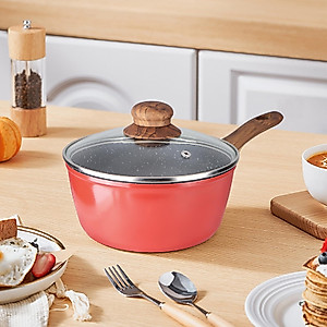 Vermonga Non-Stick Saucepan with Lid, 2QT Small Pot with Granite Coating, Chef's Classic Multipurpose Saucepan for All Stove Tops, PFOA Free Small Handy Saucepan with Emulated Wooden Handle