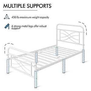 Topeakmart Twin Bed Frames Metal Bed with Vintage Style/Criss-Cross Design Headboard/Mattress Foundation/No Box Spring Needed/Under Bed Storage/Strong Slat Support White Twin Bed