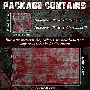 Oudain 7 Pcs Halloween Bloody Gauze Tablecloth and Placemats Set 85" x 60" Horror Spooky Rectangle Table Cover and 6 Pcs Scary Table Mats for Halloween Haunted Zombie House Party Decoration