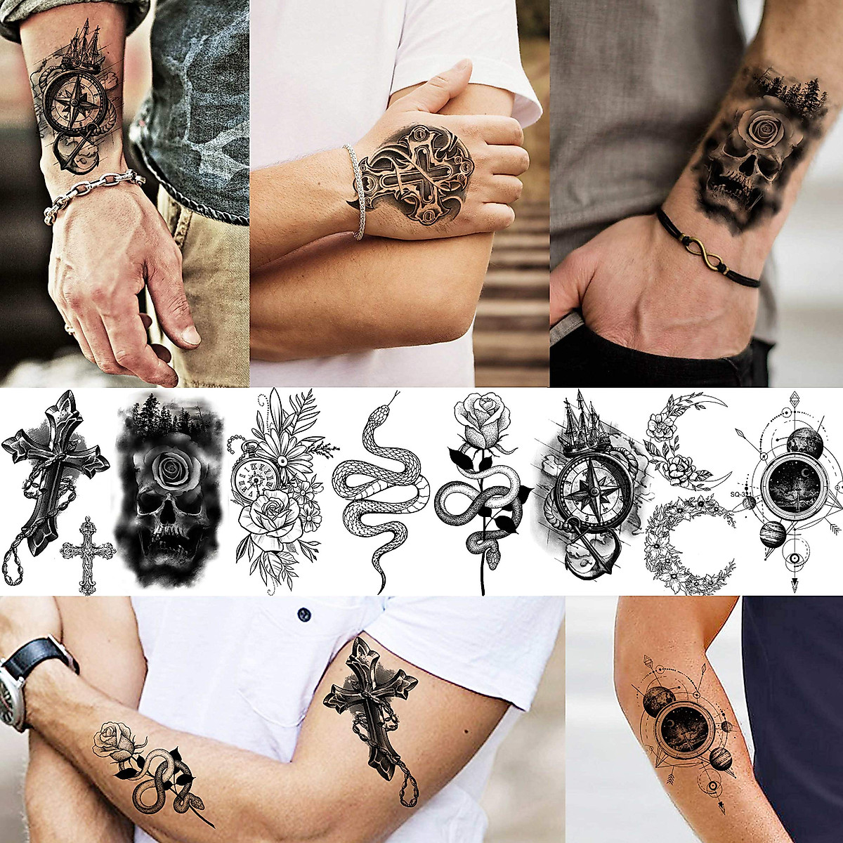VANTATY 22 Sheets Sexy 3D Temporary Tattoos For Women Men Arm Forearm, Waterproof Fake Tattoo Stickers For Adults Realistic Tiger Lion, Halloween Skeleton Rose Flower Tatoos Warrior Anchor Compass