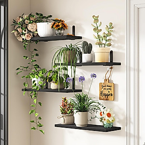 Fixwal Floating Shelves for Wall, 4 Sets Wall Shelves Farmhouse Wood Wall Shelf Wall Mounted Floating Shelves for Bedroom Decor, Bathroom Storage, Book Shelf for Wall - Black