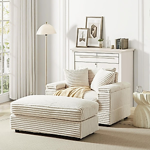 Chaise Lounge Chair Indoor, 43.3 Inch Comfy Corduroy Sectional Cloud Couch, Upholstered Single Sofa w/Movable Ottoman for Living Room, Bedroom, Apartment, Beige