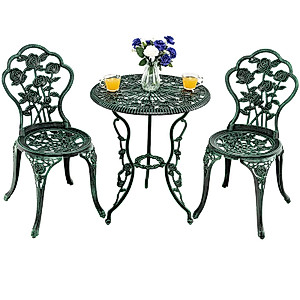 HAPPYGRILL 3-Piece Outdoor Bistro Set Rust-Resistant Cast Aluminum Table and Chairs with Elegant Rose Pattern, Outdoor Furniture Set with 1.9” Umbrella Hole for Balcony Backyard Garden Deck