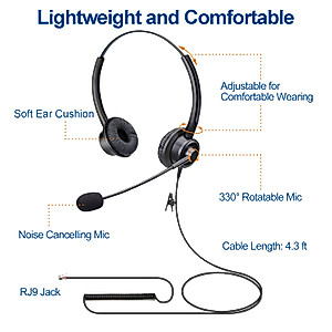 RJ9 Phone Headset for Office Phone with Noise Cancelling Microphone, Binaural Telephone Headsets Work for Yealink T21P T23G T27G T29G T33G T41P T41S T46S T46G T48S T53W Avaya 9608 9611 9630 J169 J179