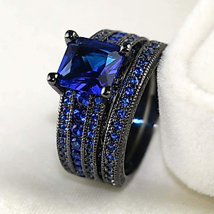 Ringcrown Couple Rings Black Gold Filled Princess Cut Blue Cz Womens Wedding Ring Sets Man Tungsten Wedding Band（Please Buy Two Rings for one Pair）