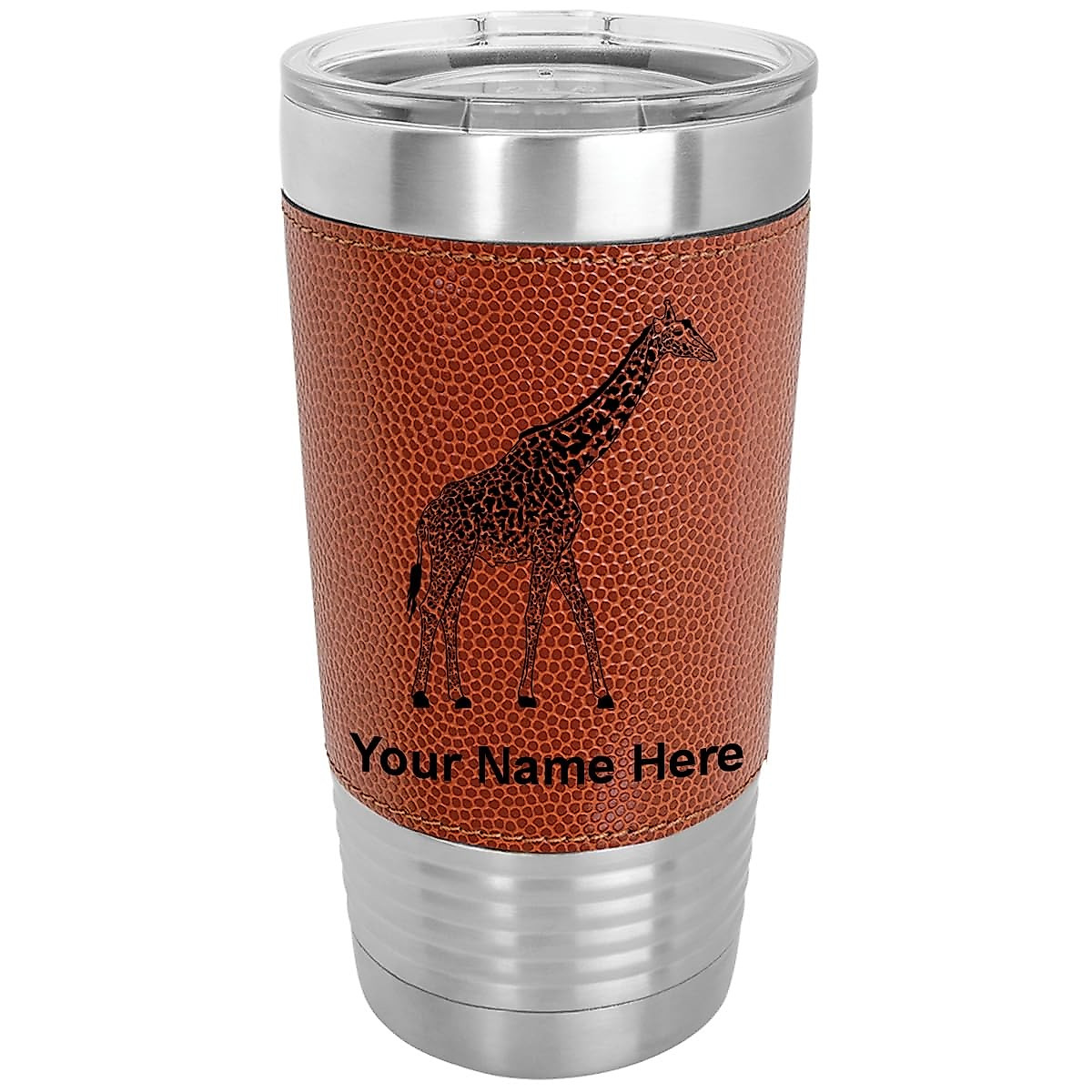LaserGram 20oz Vacuum Insulated Tumbler Mug, Giraffe, Personalized Engraving Included (Faux Leather, Basketball Style)