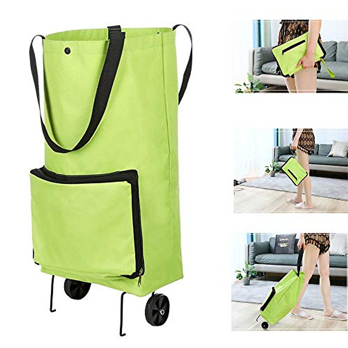 Foldable Shopping Cart Folding Shopping Bag Portable Hand-held Collapsible Sundries Bag Wheeled Folding Shopping Cart Collapsible Food bag With Wheels, Green