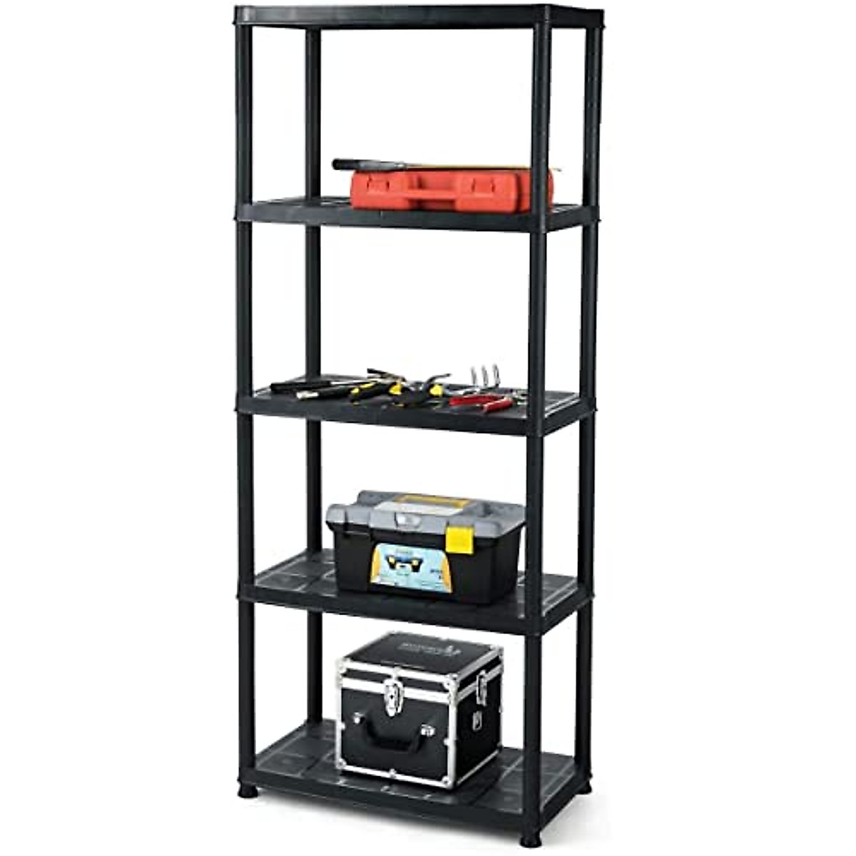 LDAILY 5 Tier Plastic Storage Shelves, Multi-Use Free Standing Shelf Unit, Easy to Assemble, Heavy Duty Rack for Home Office Garage, Black (1, 28“L X 15”W X 67“H)