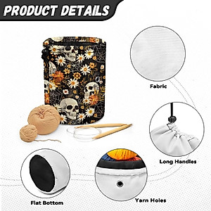 Sellikakes Daisy Skull Yarn Bag,Crochet Tote Knitting Bag Yarn Storage Organizer Holder Case for Crochet Hooks Needles Knitting Kit for Beginners