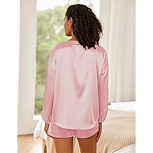 Ekouaer Womens Silk Satin Pajamas Set Long Sleeve Top Summer Soft Two Piece Pjs Silky Sleepwear Light Pink Small