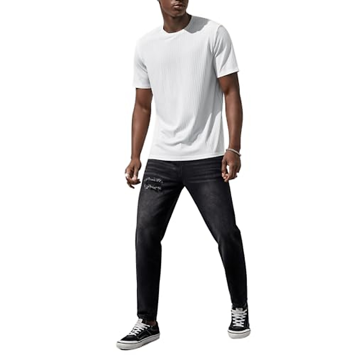 Verdusa Men's Short Sleeve Basic T Shirt Casual Round Neck Ribbed Tee Top White S