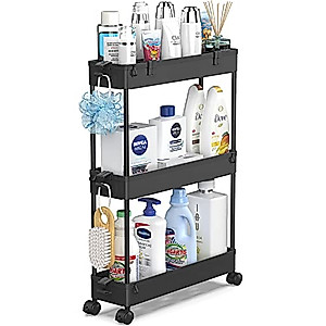 SPACELEAD Slim Storage Cart,3 Tier Bathroom Rolling Utility Cart Storage Organizer Slide Out Cart, Mobile Shelving Unit Organizer Trolley for Office Bathroom Kitchen Laundry Room Narrow Places, Black
