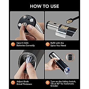 FORLIM Gravity Electric Salt and Pepper Grinder Set Battery Operated, Adjustable Coarseness, Blue LED Light, One Hand Automatic Operation, Stainless Steel Classic Black & White, 2 Mills