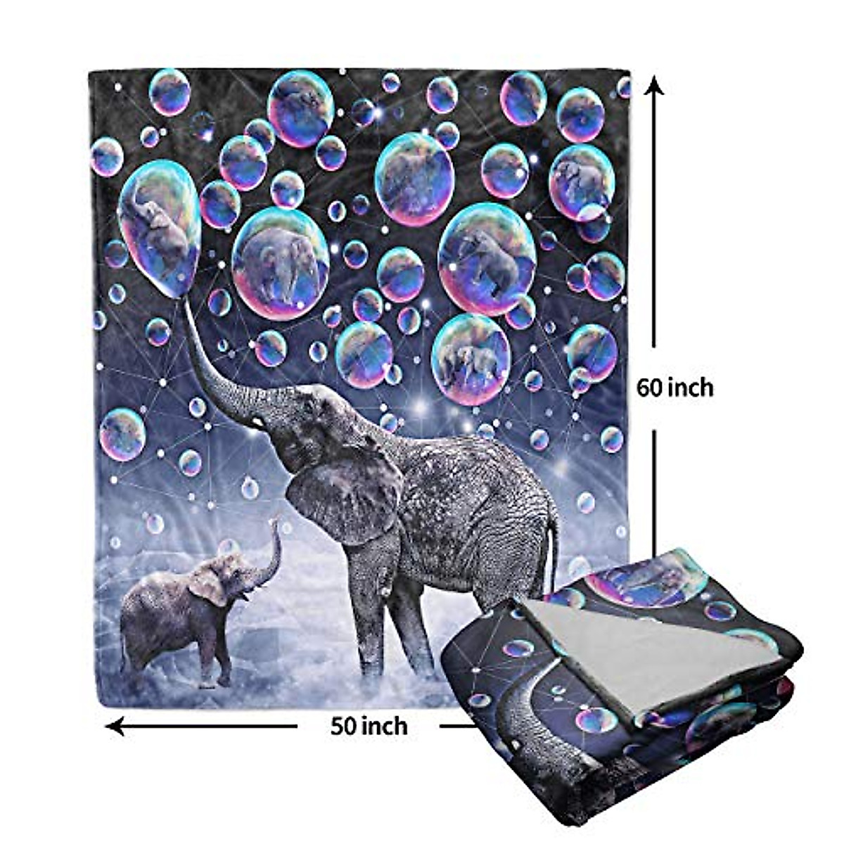 Elephant Blanket Cute African Animals Print Throw Blanket Colorful Dreamy Bubbles Pattern Bed Blanket Cozy Lightweight Flannel Fleece Blankets for Bedroom Living Room Sofa Couch