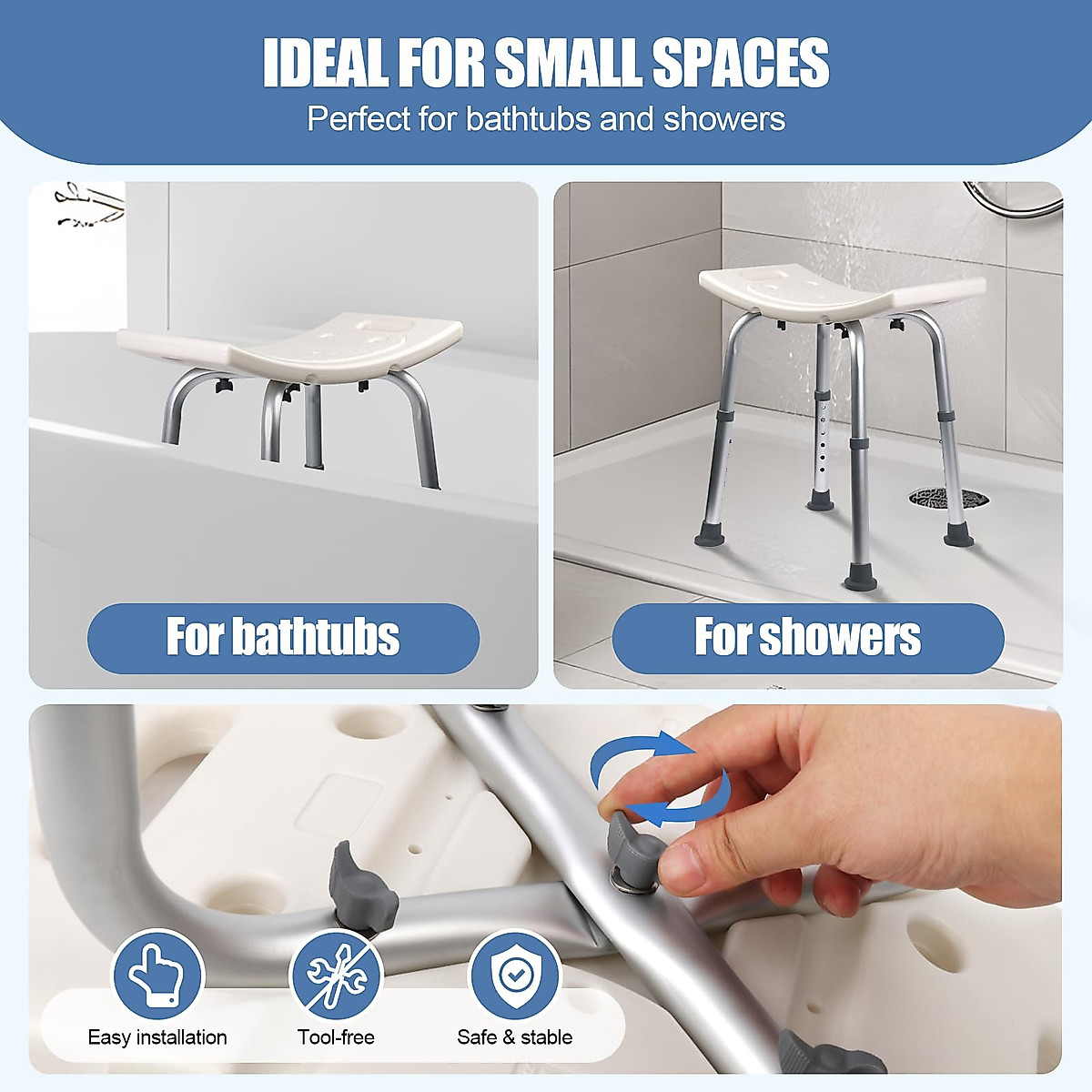 EZ2CARE Shower Chair for Inside Shower, Adjustable Lightweight Alloy Aluminum Shower Bench, Tool-Free Assembly Shower Stool, Shower Seat for Elderly and Disabled, Certified 300 lbs Load, White