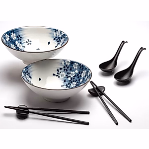 Ceramic Ramen Bowl Set - 8 Piece- Large White 40 oz Japanese Ramen Bowls, Spoons, Chopsticks and Chopstick Stands For Udon Noodles, Miso Soup, Cereal, Pasta, Pho and Salad Serving Set of 2 Blue