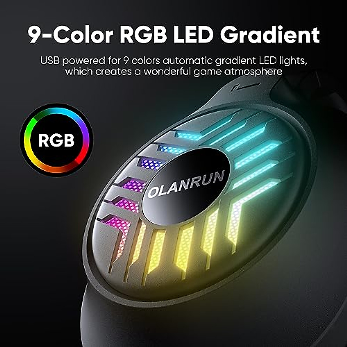 OLANRUN Gaming Headset with Microphone for PC - Stereo Gaming Headphones with Mic for Xbox One, Xbox Series X|S, PS5, PS4 - Wired PC Gaming Headset with 9 Color RGB for Computer, Laptop (Black)