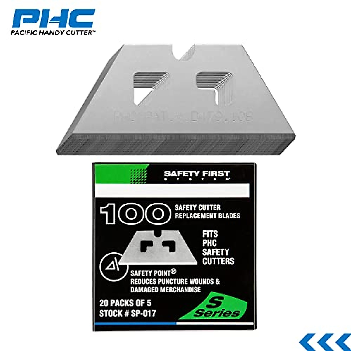 Pacific Handy Cutter SP017 Safety Point Blade for PHC Safety Cutters, Pack of 100, Sharp Edge, Safety Point Razor Blades for Injury Reduction, Cuts Boxes, Cardboard, Tape, Plastic Straps, and More