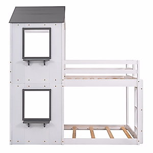 P PURLOVE Twin Over Twin Bunk Bed, Wood bunk Bed Frame with Ladder, Bunk Bed with Roof, Window and Guardrails, for Boy, Girls and Young Teens, White