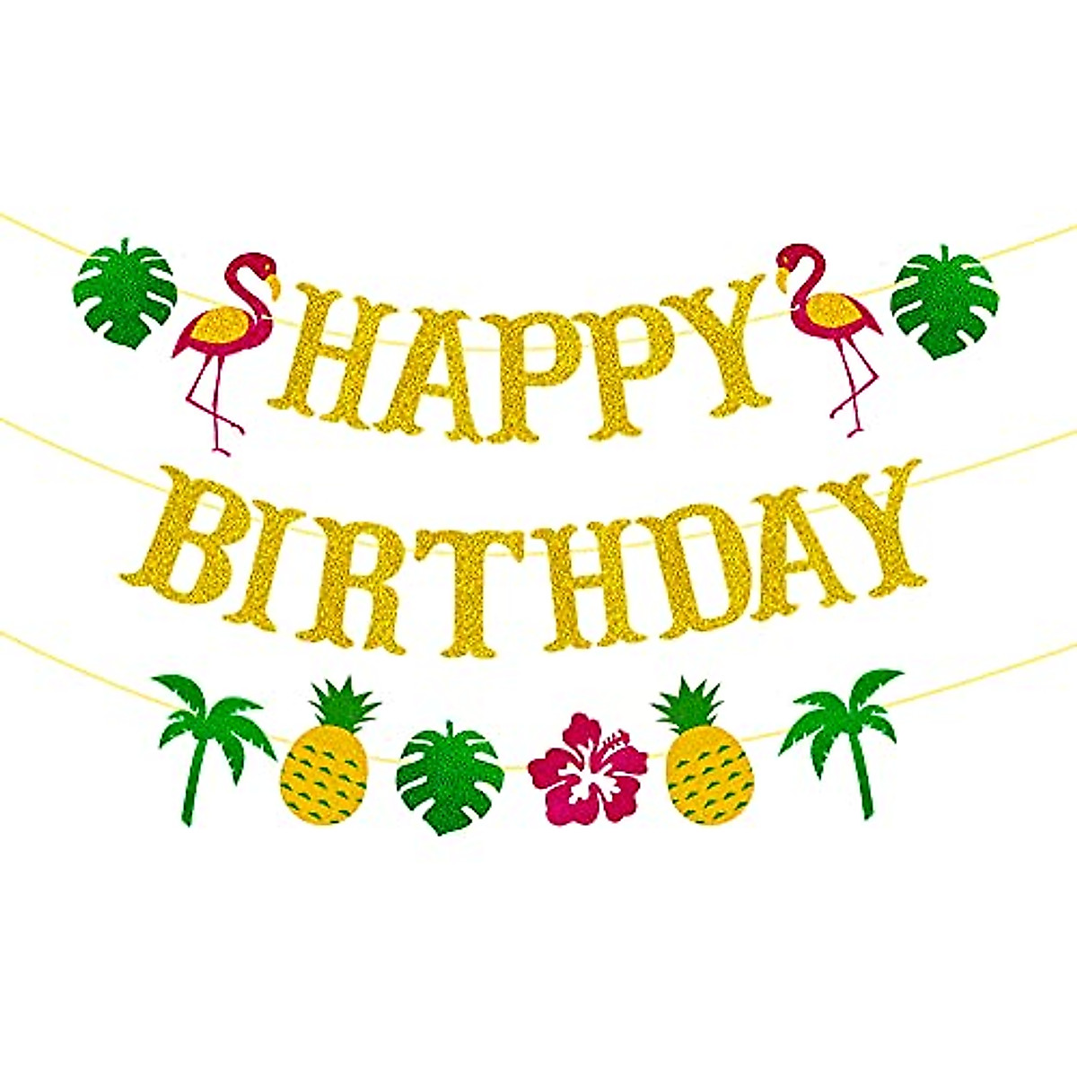 Saliyaa Tropical Happy Birthday Banner,Gold Glitter Hawaiian Luau Birthday Sign,Final Flamingo Pineapple Palm Leaf Coconut Tree Hibiscus Flower Banner for Summer Birthday Party Decorations Supplies