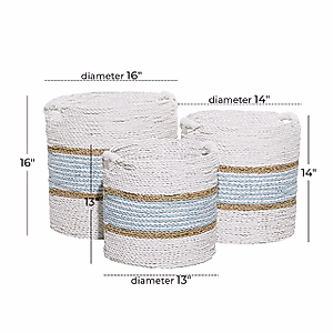 Deco 79 Wood Cylinder Storage Basket with Handles, Set of 3 16", 14", 13"H, White