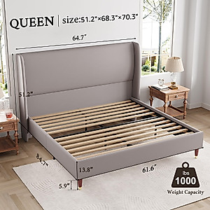 Jocisland Upholstered Bed Frame Queen Size Platform Bed with Wingback Headboard/No Box Spring Needed/Easy Assembly/Light Grey