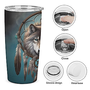 ZXDSKGYN 20 Oz Tumbler With Straw Leak Proof Thermos Cup, 3D Wolf Dream Catcher Stainless Steel Insulated Travel Coffee Mug Fit for Car Cup Holder