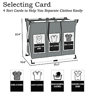 C&AHOME Laundry Basket 3 Sections, 135L Foldable Laundry Hamper Basket Sorter with Waterproof Oxford Bag and Aluminum Frame, Laundry Sorter Storage Dirty Clothes Bag for Bathroom Bedroom, Grey AFLH03G