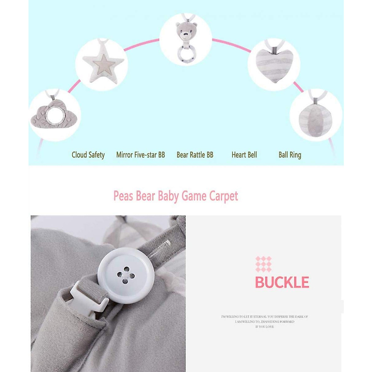 KUANDARM Grey Bear Shaped Baby Play Mat with Fitness Frame Cute Pendants Newborn Activity Centre Toddler Game Blanket