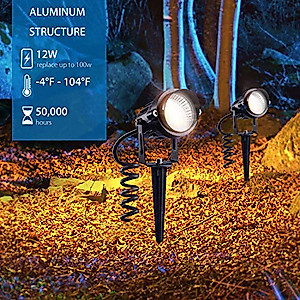 SUNVIE 12W LED Landscape Lights Low Voltage (AC/DC 12V) Waterproof Garden Pathway Lights Super Warm White (900LM) Walls Trees Flags Outdoor Spotlights with Spike Stand (8 Pack)