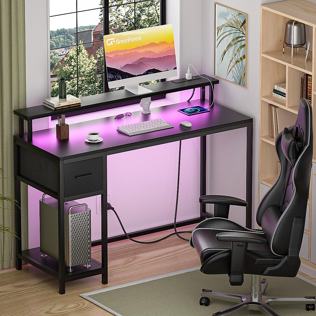 GreenForest Gaming Desk 47 Inch with LED Lights and Monitor Stand, Computer Desk with Drawer for Small Spaces, Office Desk with Power Outlets and Shelf, Black