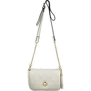 B BRENTANO Vegan Quilted Flap-Over Crossbody Bag with Chain Strap and Tassel Accent (Off-White)