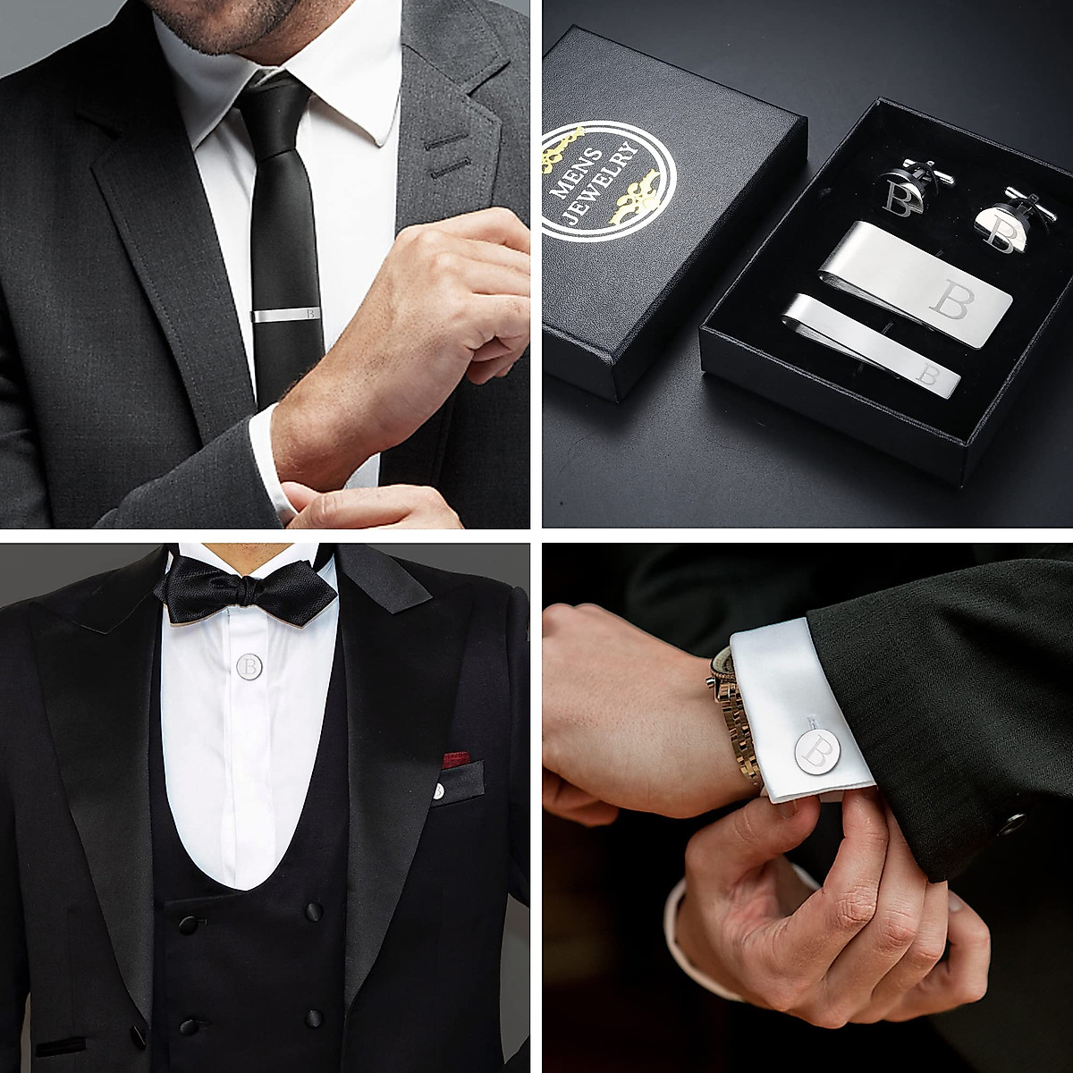 LOYALLOOK 4Pcs Stainless Steel Engraved Initial Cufflinks and Tie Bar Money Clip Set Personalized Button Shirt Initials Tie Clip Alphabet Letter A-Z for Best Man Groom Wedding Business Letter J