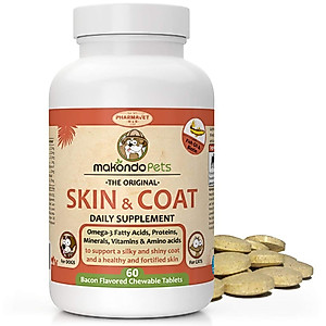 Skin and Coat Supplement with Fish Oil and Omega 3 for Dogs and Cats - Dog Itch Relief Pet Supplement for Shedding, Dry Itchy Skin and Allergies - Dog Allergy Treatment Vitamins (60 Chewable Tablets)