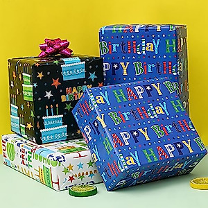 BOLIANNE Birthday Wrapping Paper - Gift Wrapping Paper for Boys Girls Kids Men Women with Happy Birthday, Cakes, 6 Large Sheets Gift Wrap for Baby Shower, Folded Flat, 27 X 37 Inch