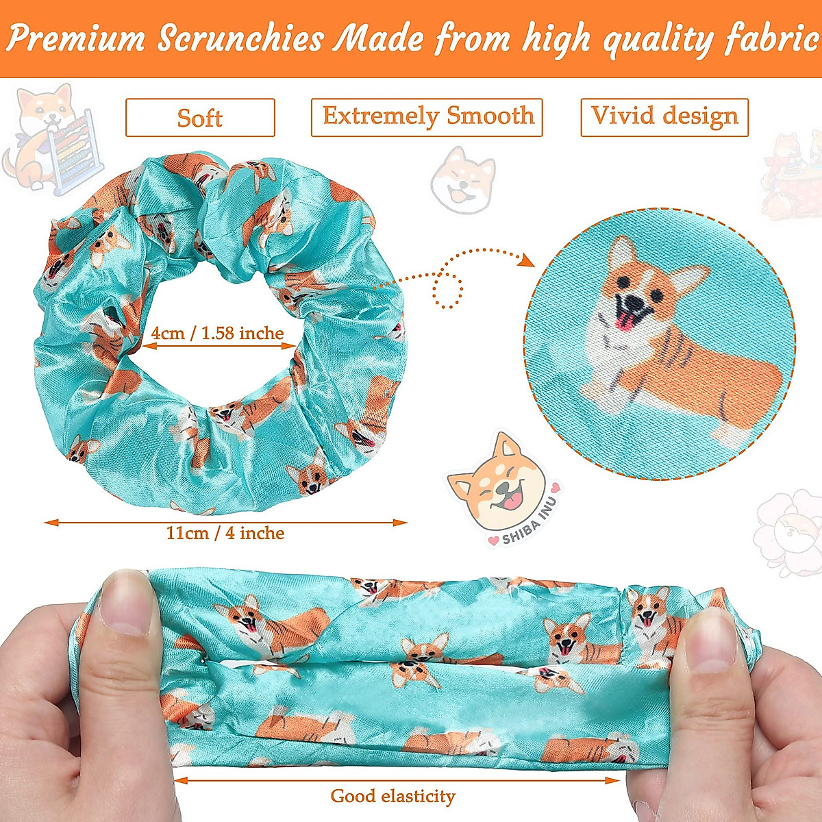 8 Pcs Corgi Dog Hair Scrunchies 1 Corgi Makeup Bag and 50 Pcs Welsh Corgi Pembroke Stickers,Cotton Corgi Scrunchy Corgi Print Travel Makeup Pouch Pencil Case Presents for Women Girls
