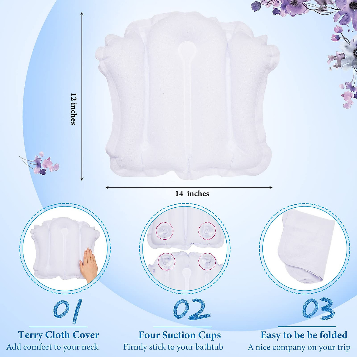 Jetec Inflatable Bath Pillow for Tub Non Slip Bathtub Pillow Soft Comfortable Terry Cloth Bath Pillow White Head Spa Pillow with Suction Cup for Bathtub Cushion, Hot Tub