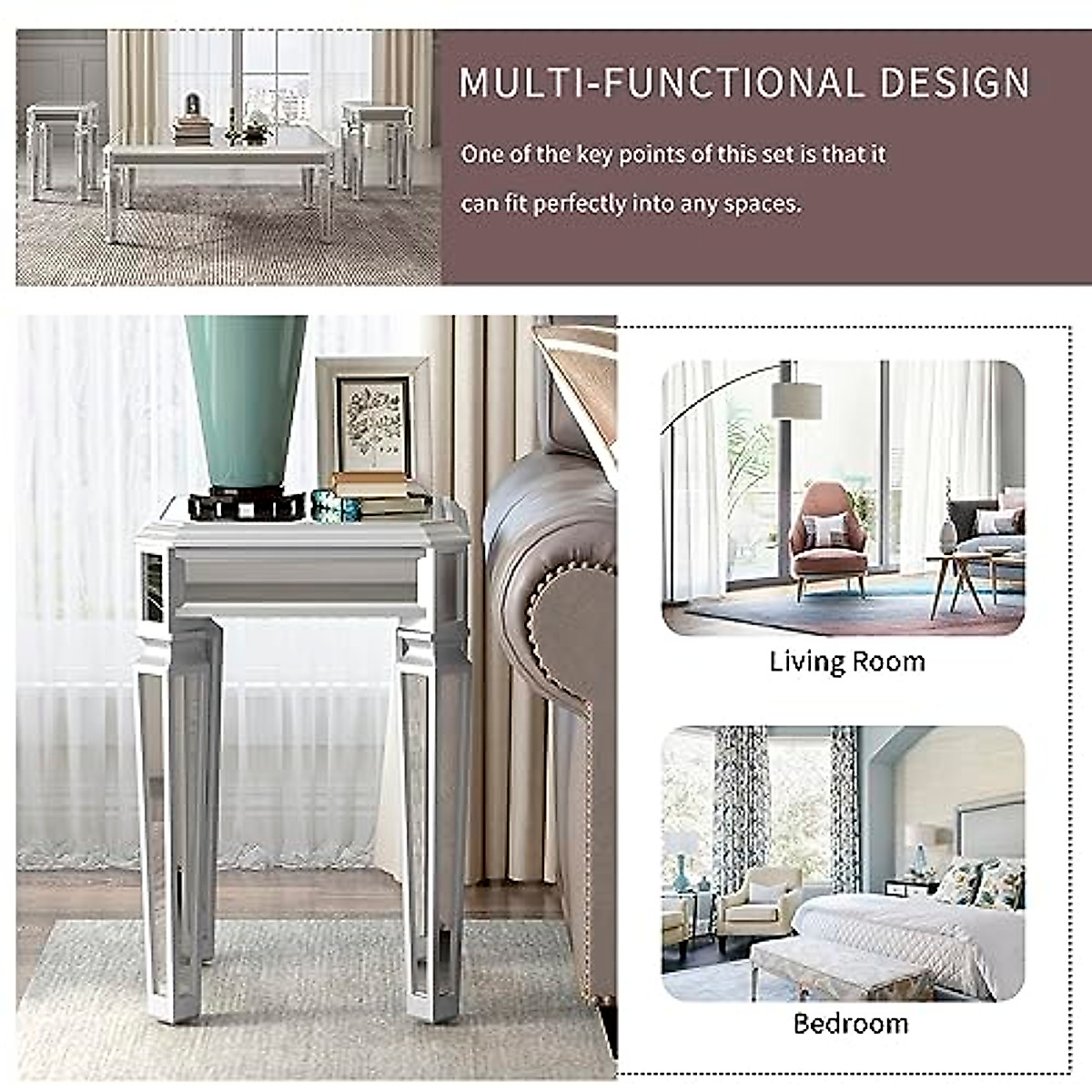 3-Piece Coffee table and End Tables Set,Glass Mirrored Coffee Table with Adjustable Height Legs and Crystal Design,Fashionable Cocktail Table,Easy Assembly Rectangular Glass Coffee Table,Silver