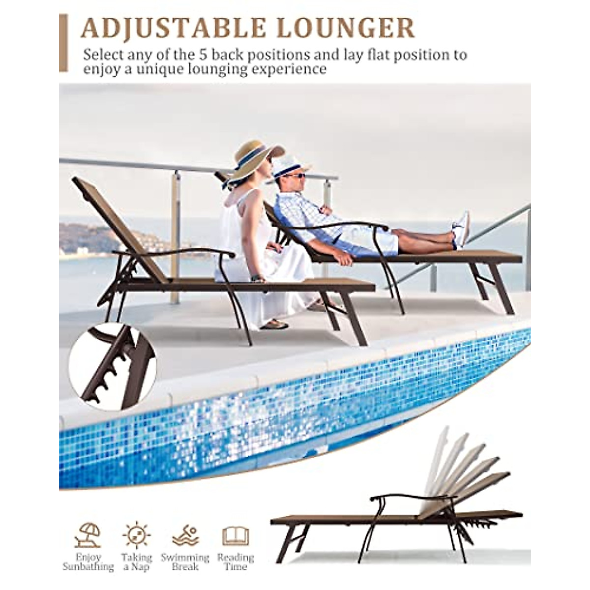 VredHom Outdoor Chaise Lounge Chair, Patio Chaise 5 Position Adjustable Backrest Recliner Ergonomic Armrest All Weather Textiline Aluminum Reclining Chairs for Patio, Beach, Yard, Pool，Brown