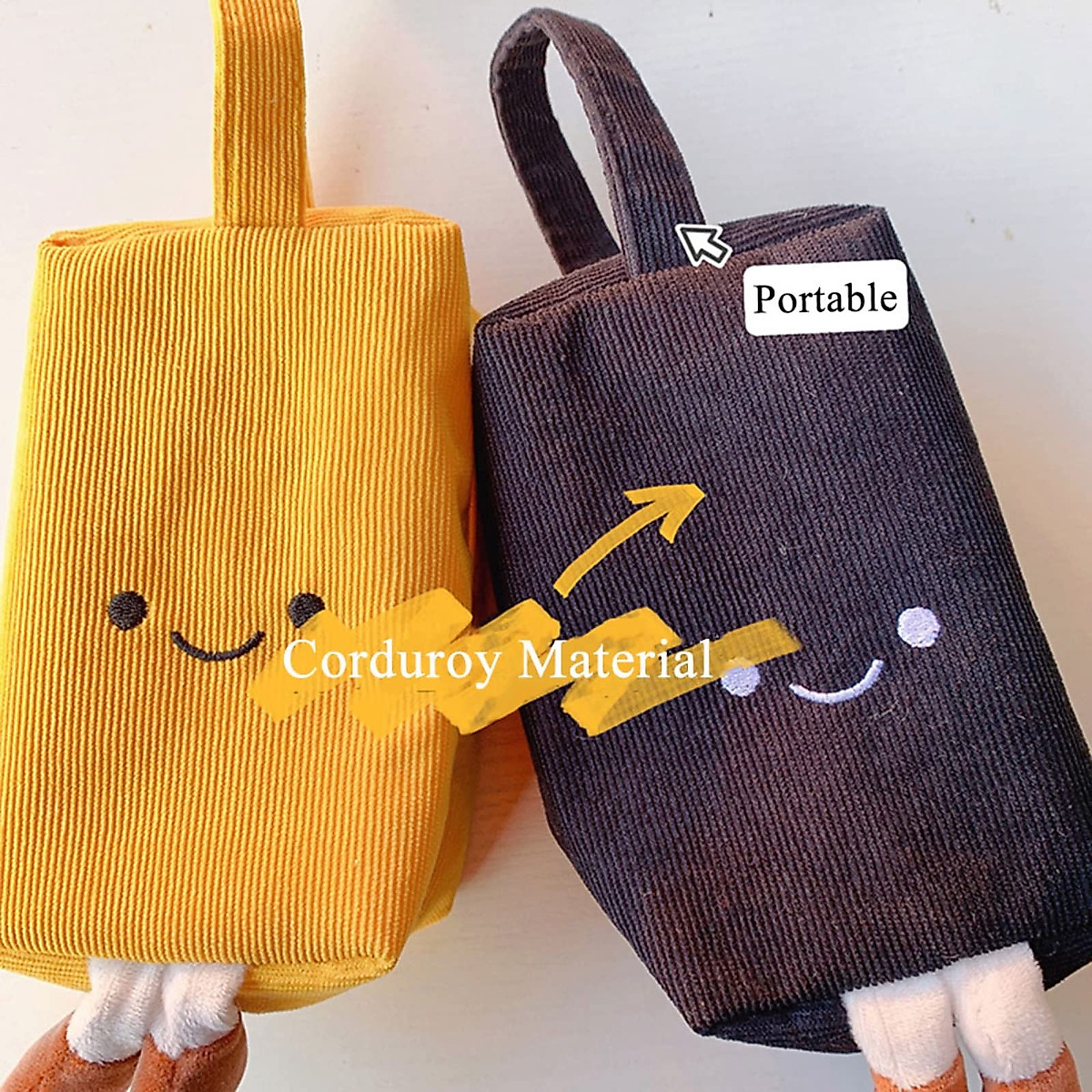 Funnytek Smile Pencil Pouch - Large Capacity Kawaii Pencil Case Soft Corduroy Cosmetic Bag Durable Pencil Bag, Cute Travel Makeup Bag, Stationary Organizer Pouch Women Handbags (Yellow)