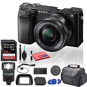 Sony Alpha a6100 Mirrorless Digital Camera (ILCE6100L/B) with 16-50mm Lenses with Flash, Extra Battery, 64GB Memory Card, Padded Bag, and More - Extra Battery Bundle (Renewed)