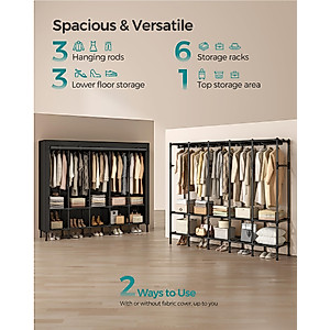 SONGMICS Wardrobe Closet, 83.5 Inch Large Capacity Portable Closet, Clothing Rack, 25 mm Dia,Thick Steel Tubes, Clothes Organizer with Fabric Cover, 5 Hanging Rails, 10 Shelves, Ink Black URDR095B01