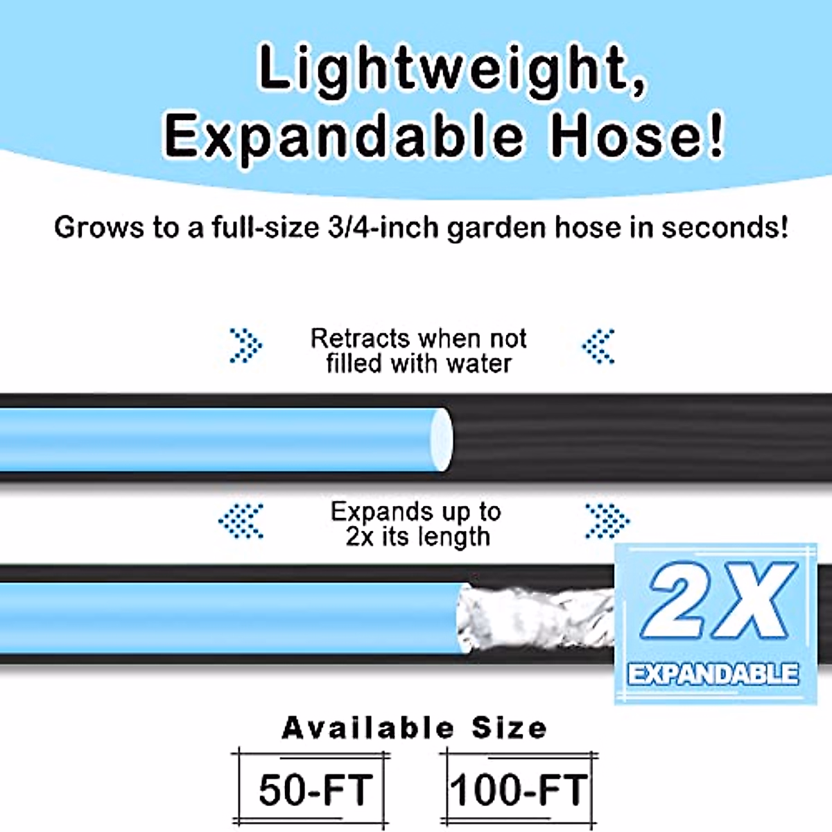 Expandable Garden Hose 100ft, 2023 Upgrade Water Hose with Lightweight Nano Rubber Fabric, 3/4" Solid Brass Fittings, No-Kink and Leak-Proof Retractable Flexible Hose with Spray Nozzle (Black&Blue)