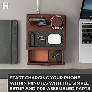 Nightstand Organizer For Men - Wood Phone Docking Station to Charge Your Phone and Organize Your Watch & Accessories - Wood Charging Station with Lined Tray & Drawer - Mens Docking Station Organizer