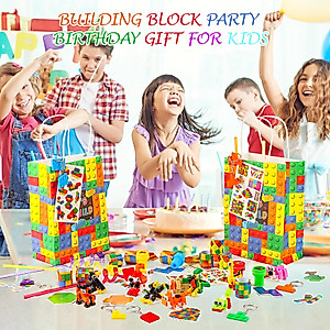 LiYiQ 134 Pcs Building Blocks Party Favors with Reusable Drinking Straws Animal Building Blocks Slap Bracelets Keychains Stamps Stickers and Gift Bags for Kids Gamer Birthday Party Supplies (Building)