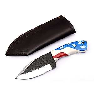 Custom Handmade High Carbon Steel Hunting Skinning Knife Outdoor Camping Hiking Bushcraft Resin American Flag Handle Hand forged Full Tang Knife With Leather Sheath